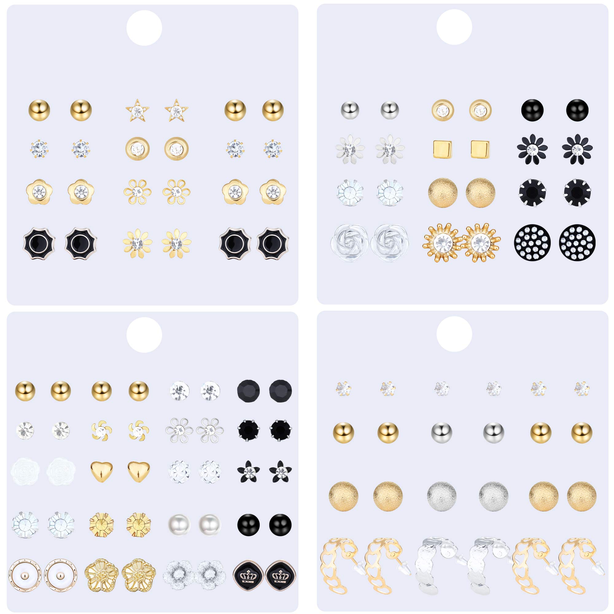 Magitaco 92 Pairs Small Stud Earrings Set for Women Men Simple Triangle Circle Ball Earrings Stud Black Silver Gold Pearl Rhinestone Cute Earrings Pack
