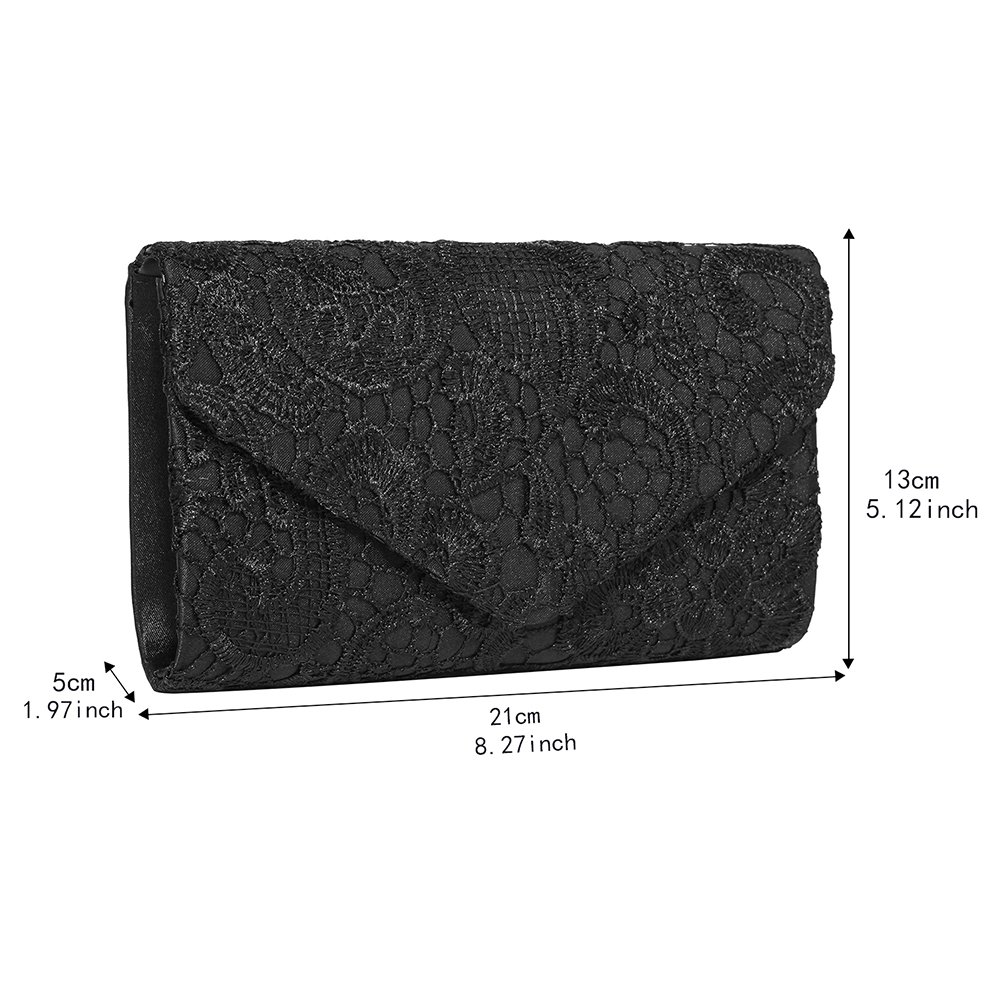 Jubileens Women's Elegant Floral Lace Envelope Clutch Evening Prom Handbag Purse (Black)