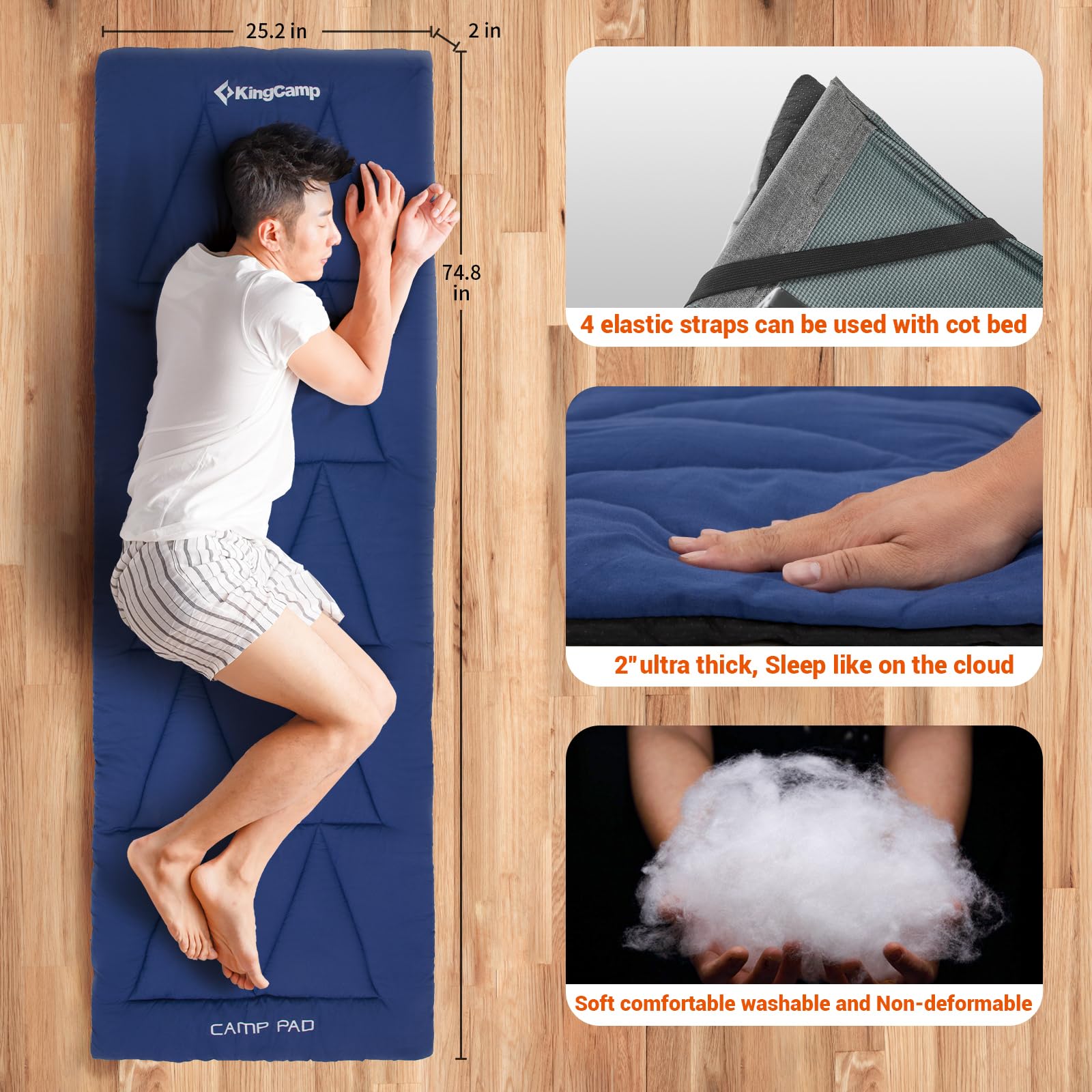 KingCamp Cot Pad for Camping, Comfortable Lightweight Mat, Puffy Soft Warm Non-Slip Cot Mattress Topper for Outdoor, Picnic, Hiking, Backpacking, Grey $ Navy (Thickened/Navy)