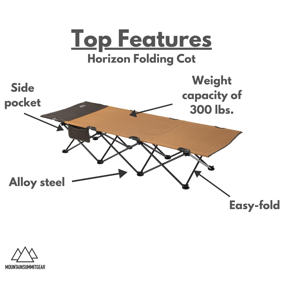 MOUNTAIN SUMMIT GEAR Horizon Cot, Foldable Camping Cot for Children & Adults, Durable Sleeping Pad with Steel Frame That Holds 300 lbs, Folding Bed includes Side Storage (by Caddis Sports Inc.)