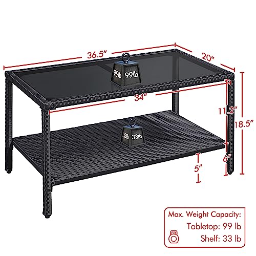 Yaheetech Outdoor Wicker Coffee Table Storage Table, All-Weather Rattan Side Table with Tempered Glass Top, Patio Furniture Garden Coffee Table