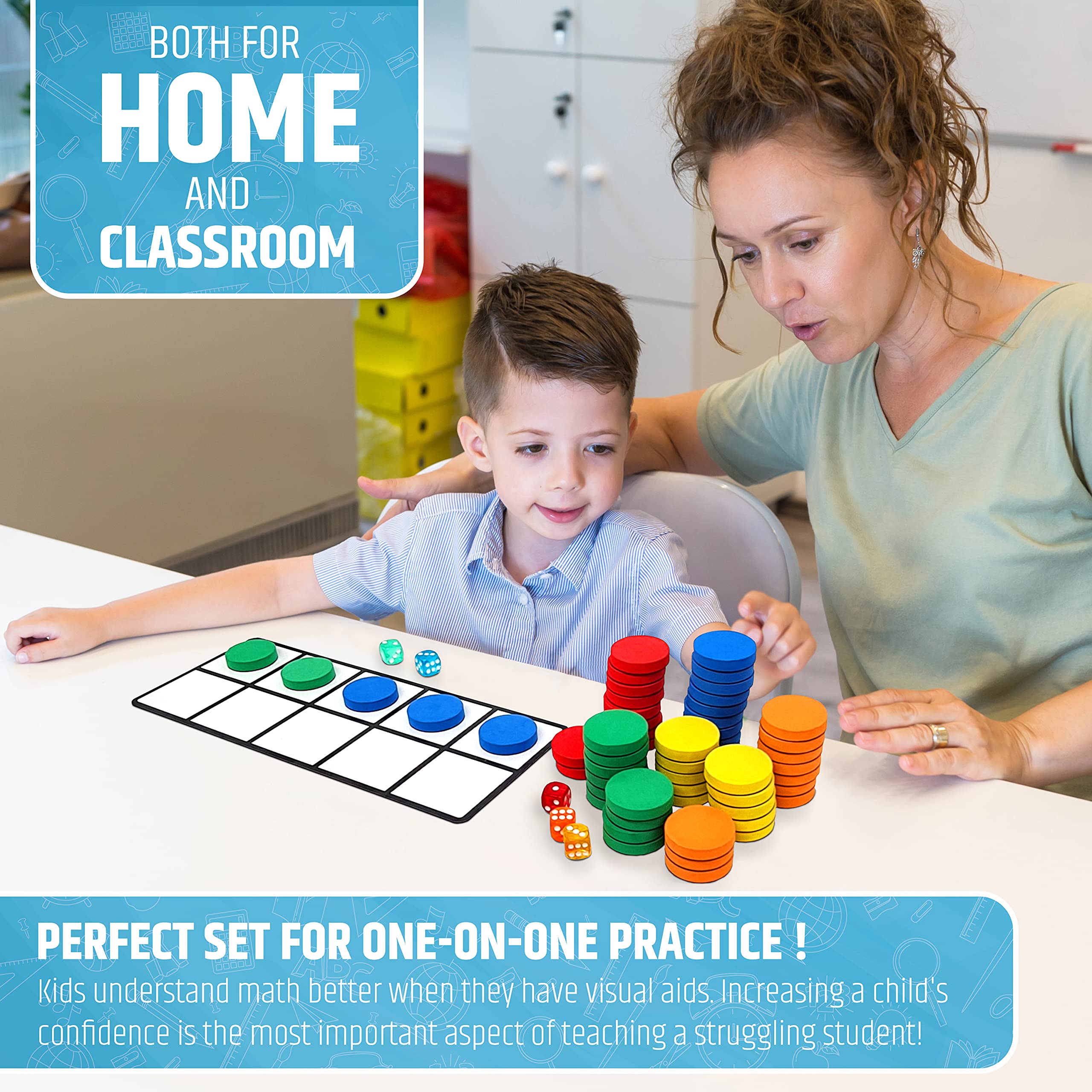 Magnetic Ten Frame Set: 8 Durable Ten-Frames + 100 Colorful Counters + 80 Math Flash Cards + 10 Dice - Addition & Subtraction - Math Manipulatives Kit for Home, Kindergarten & Elementary Teachers