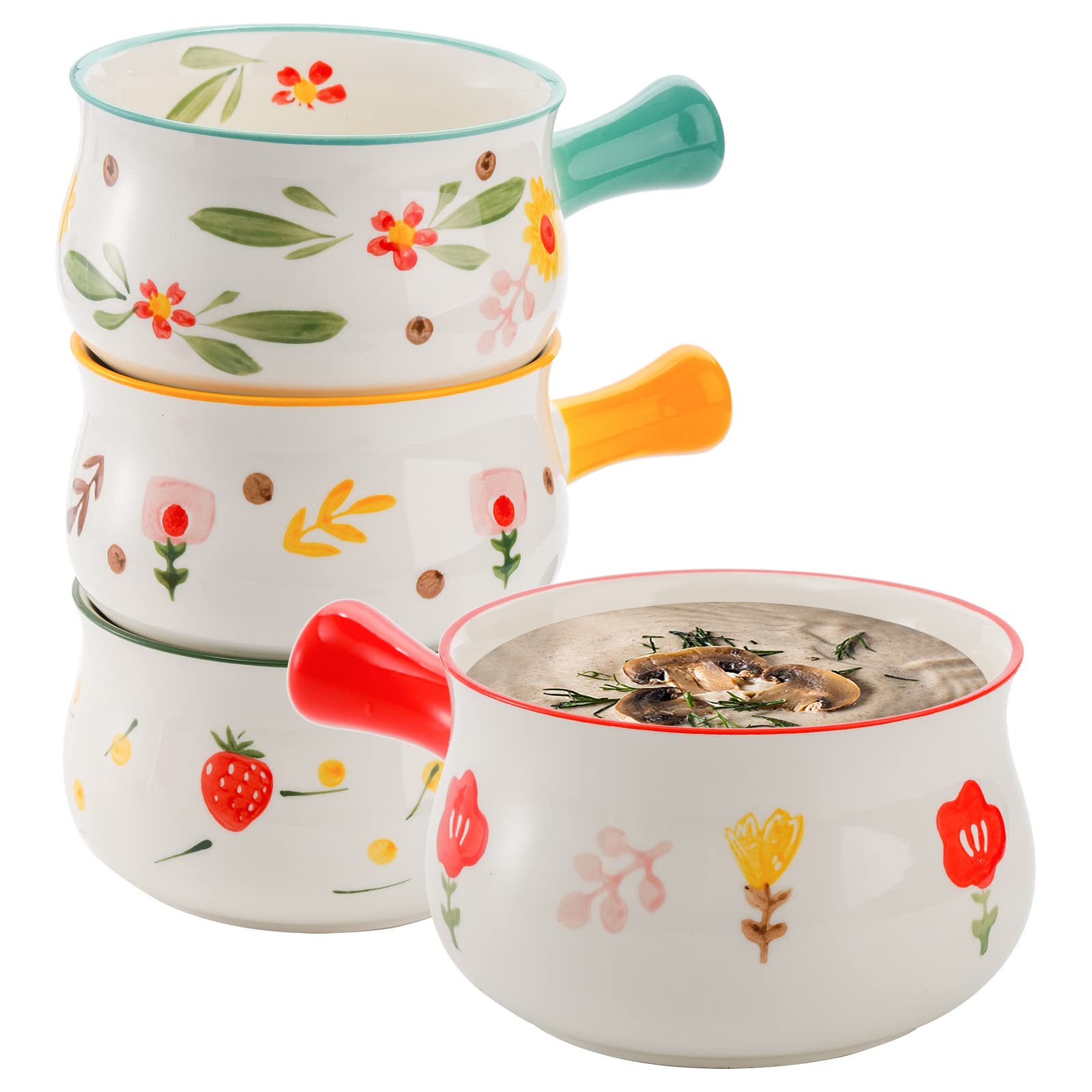 Okllen 4 Pack French Onion Soup Bowls with Handles, 20 Oz Porcelain Soup Crocks Stackable Bakeware Serving Bowls for Cereal, Chili, Beef Stew, Oatmeal, Microwave and Oven Safe, 4 Styles