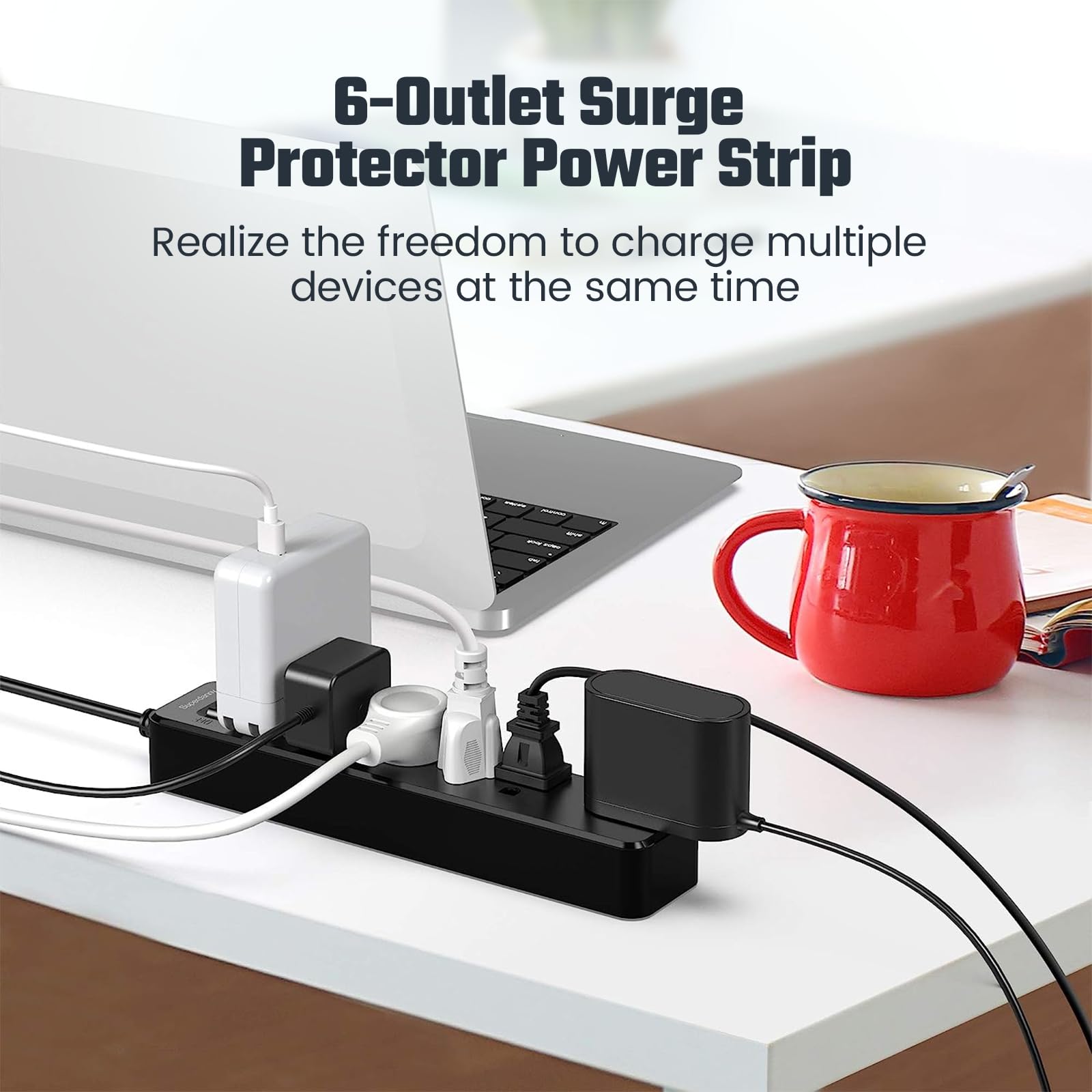 SUPERDANNY 6-Outlet Surge Protector Power Strip, 4.5 Ft Extension Cord, 900 Joules, Overload Switch, Standard Plug, Grounded, Integrated Circuit Breaker, Wall Mount, for Home, Office, Black