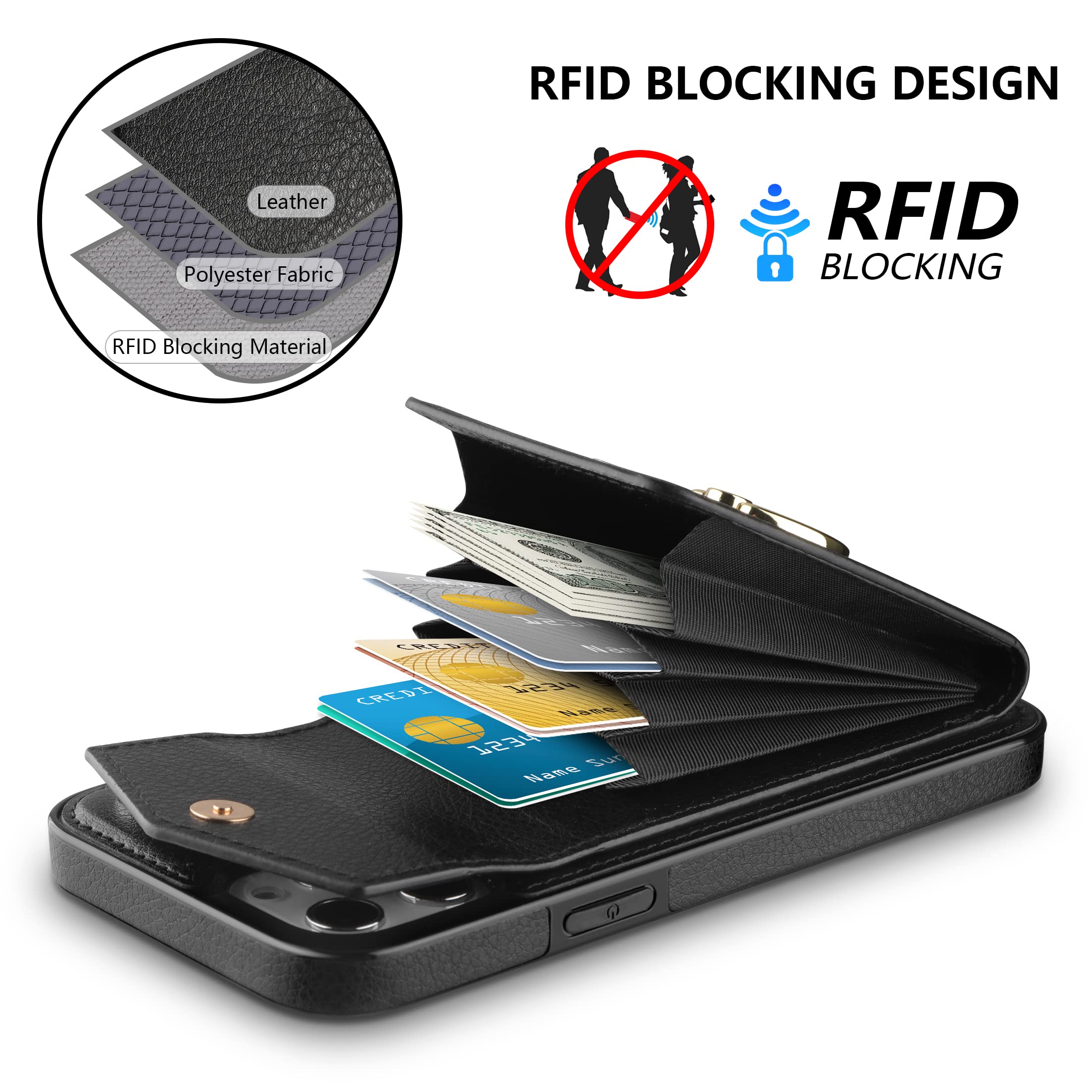 HianDier for iPhone 12 Pro MAX 6.7-inch Wallet Case with Bracelet Chain + Camera Lens Protector, with RFID Blocking Card Holder 360° Rotation Ring Stand Kickstand Protective PU Leather Cover, Black