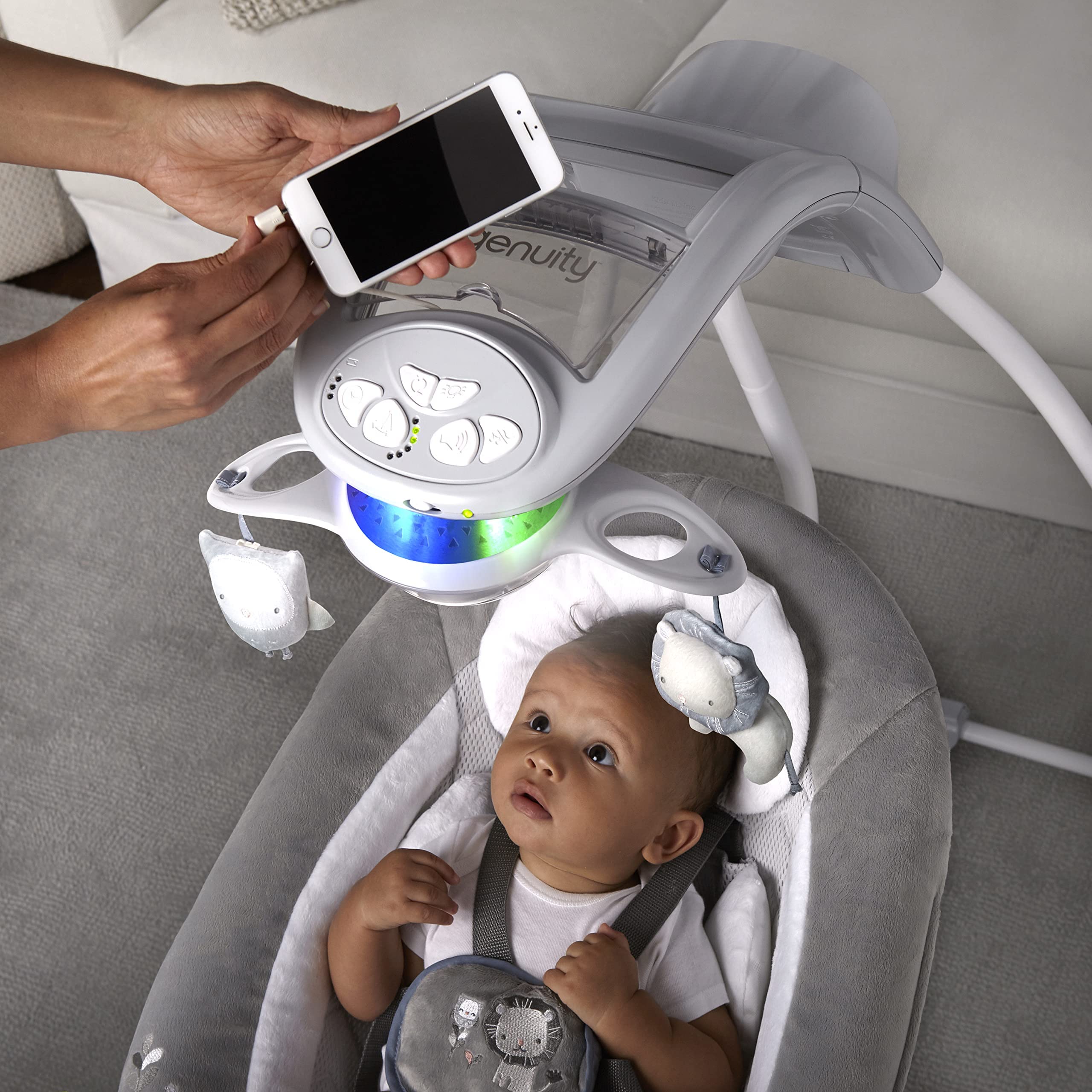 Ingenuity InLighten 6-Speed Foldable Baby Swing with Light Up Mobile, Swivel Infant Seat and Nature Sounds, 0-9 Months Up to 20 lbs (Twinkle Tails Bunny)
