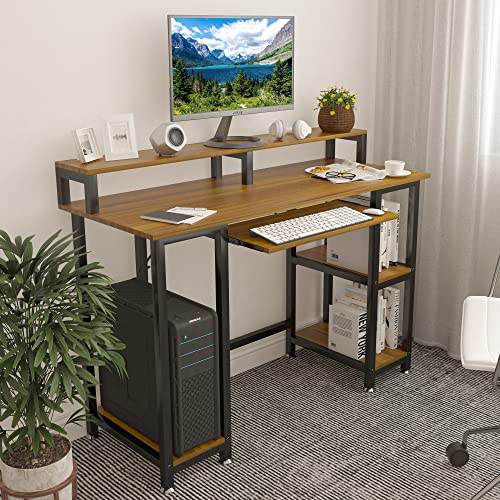 JSungo Small Computer Desk with Monitor Stand, 47 Inch Office Desk with CPU Shelf and Dual Storage Bookshelf for Small Space, Sturdy Writing Table with Keyboard Tray for Home, Natural