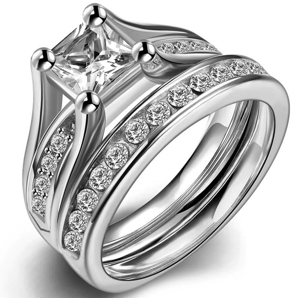 Jude Jewelers Stainless Steel Princess Cut Wedding Engagement Ring Set Anniversary Propose Eternity Bridal Halo (7.5)