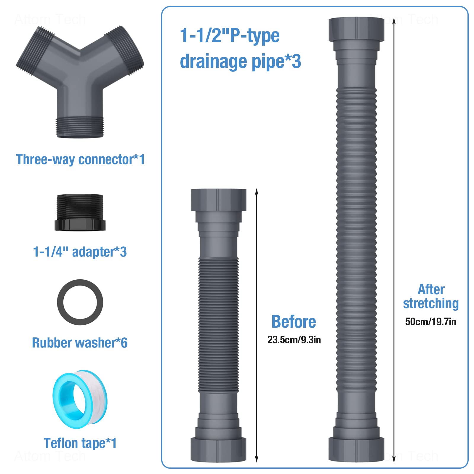 NiHome Expandable Flexible 1 1/2" or 1 1/4" P-Trap Pipe for Double Kitchen Sink, with Adapter Sealing Ring Tape Drain Tubing Pipe Kit for Kitchen Sink Drain & Garbage Disposal (Grey)