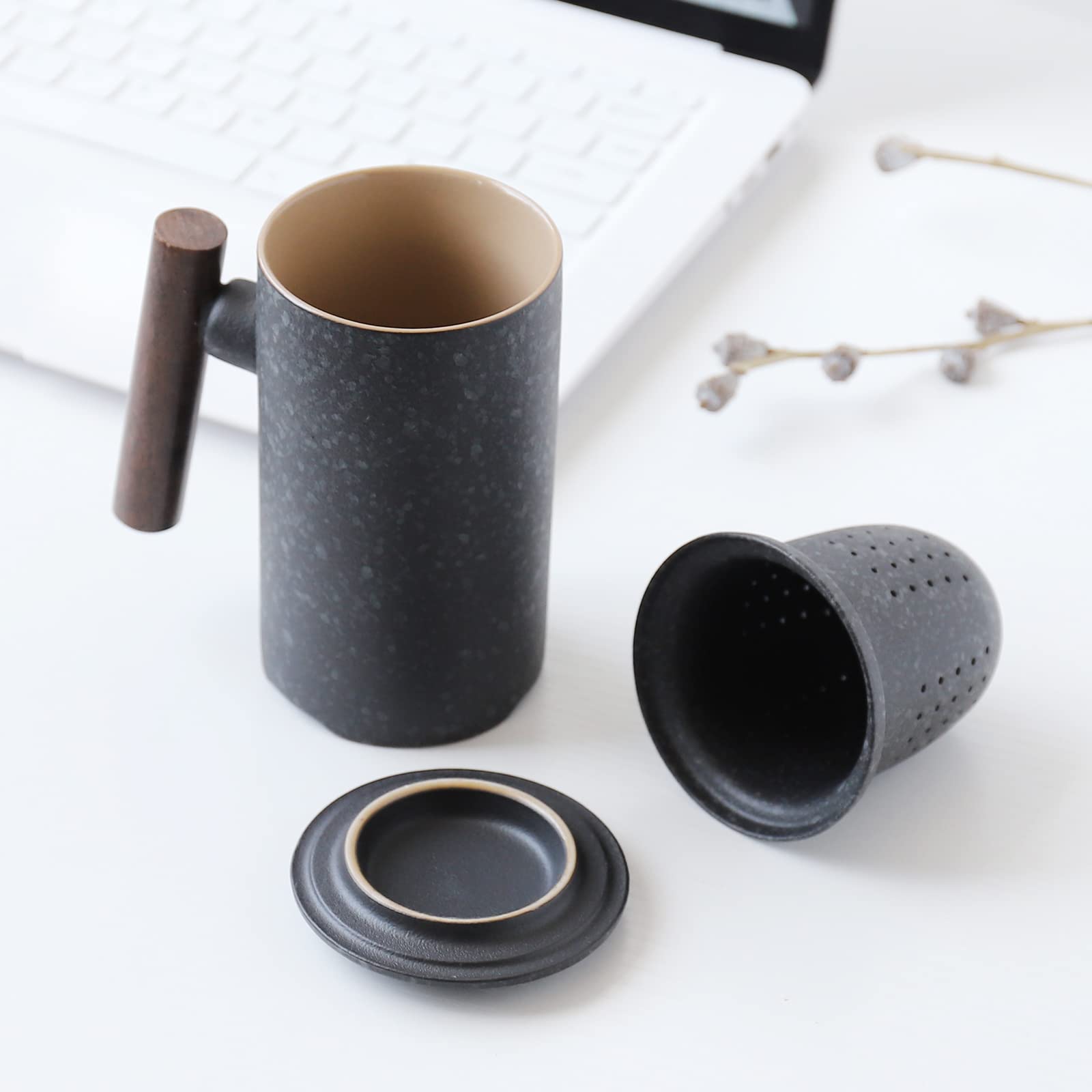 MAKOUYU Ceramic Tea Cup with Infuser and Lid 14 Ounce Infusion Mugs for Tea Bag Coffee Home Office Porcelain Teaware with Filter (Black)