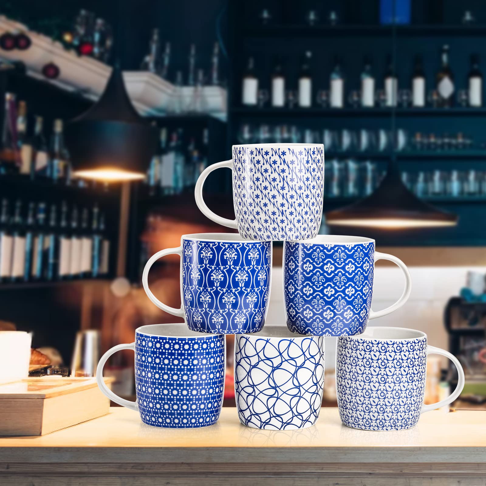 Okllen 6 Pack 11.5 Oz Coffee Mugs with Geometric Patterns, Ceramic Coffee Mugs Stylish Tea Cup Mugs Set Gift for Latte, Cappuccino, Milk, Water, Cocoa, Cereal, Blue and White