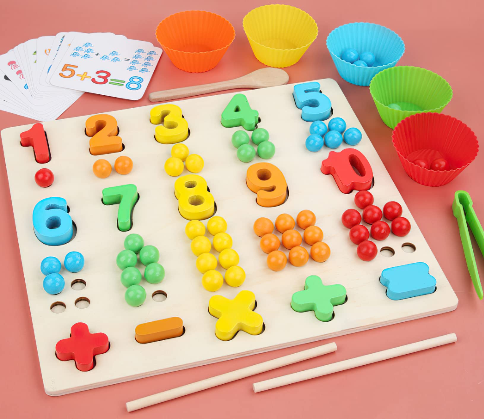 MIKNEKE Montessori Number Counting Peg Board Beads Game, Wooden Math Manipulative Materials for Preschool, Number Montessori Learning Toy for Toddlers & Kindergarteners (Beads Board)