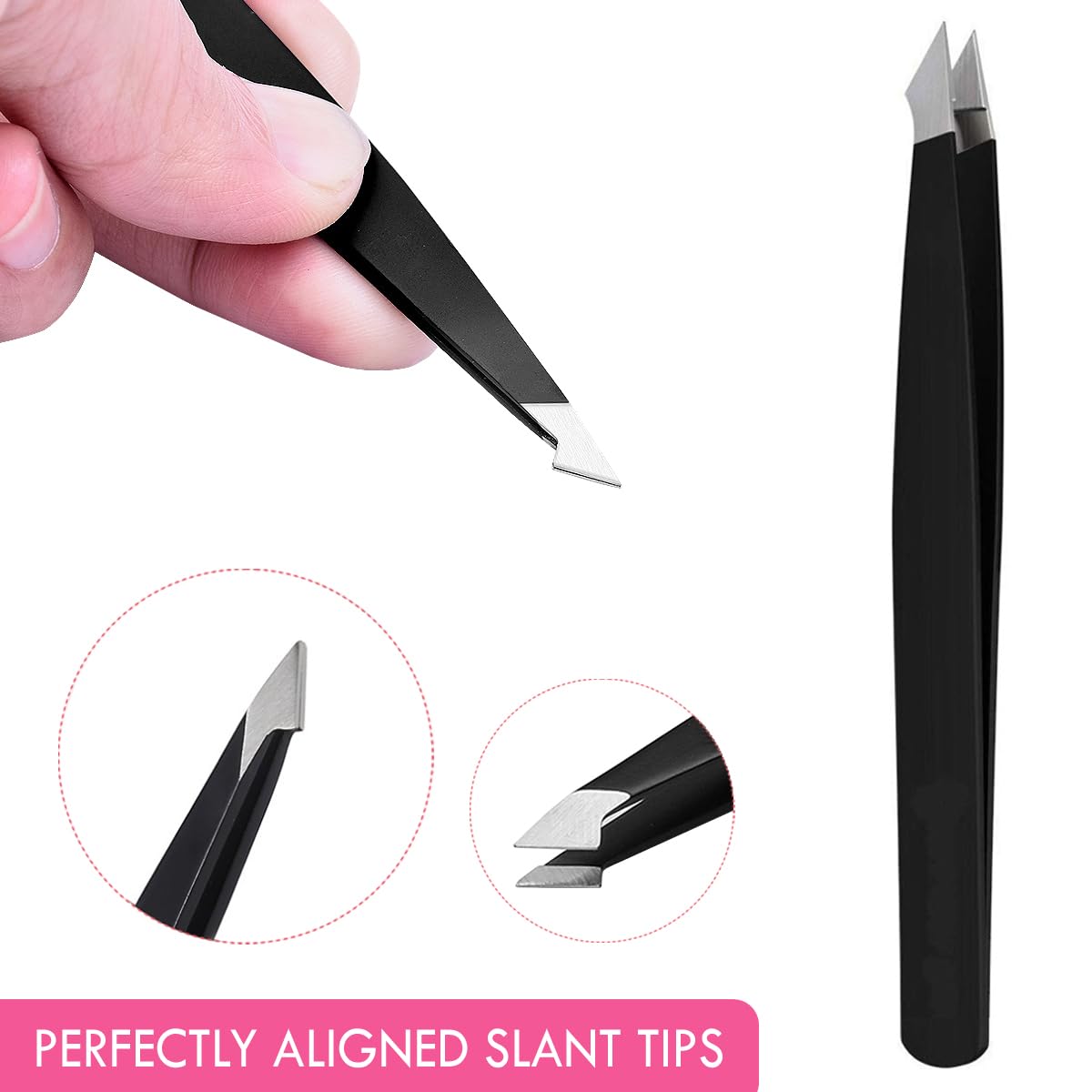 KINGMAS 5 Pcs Eyebrow Tweezers Set, Stainless Steel Brow Tweezer Scissors Set with Travel Case for Brow Facial/Ingrown Hair, Splinter (Black)