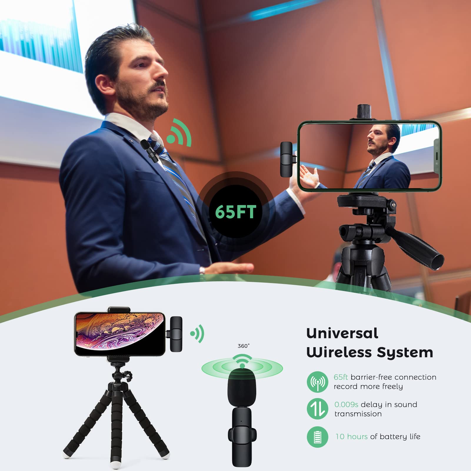 MAIKAI Wireless Lavalier Microphone for iPhone USB-C Android Youtubers Facebook tiktok Live Stream Video Recording Noise Reduction Auto-syncs Clip-on iPhone Lapel Mic (NO APP or Bluetooth Needed)