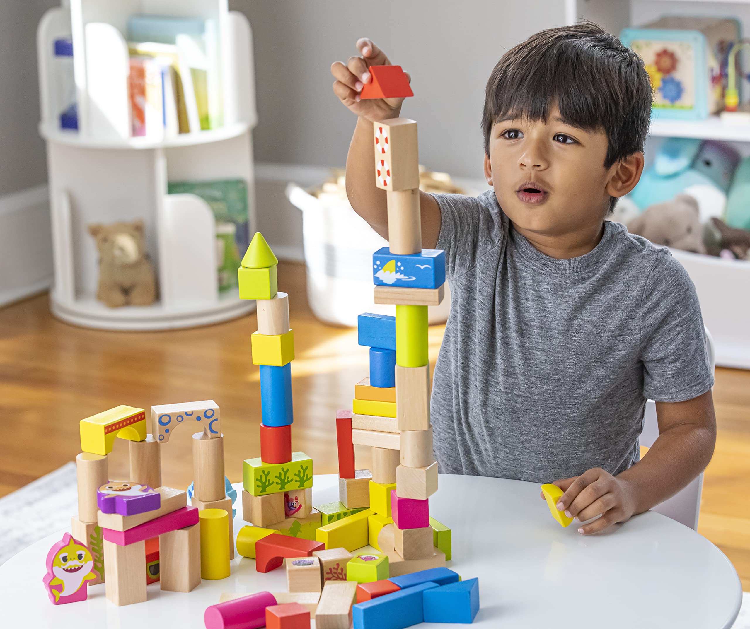 Pidoko Kids Baby Shark Toys - Wooden Blocks 100 Pcs - Includes Storage Container - Building Blocks Set for Toddlers
