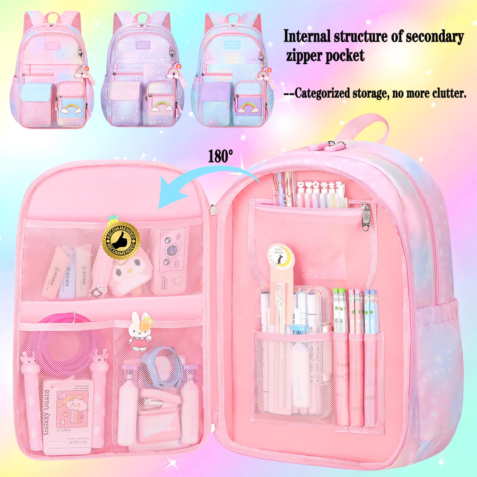Jcobvig Rainbow Backpack For Girls Kids,Cute Student School Backpack With Pen Bag,Pink Aesthetic Starry Rainbow Laptop Travel Bag (Pink Large 17.5in