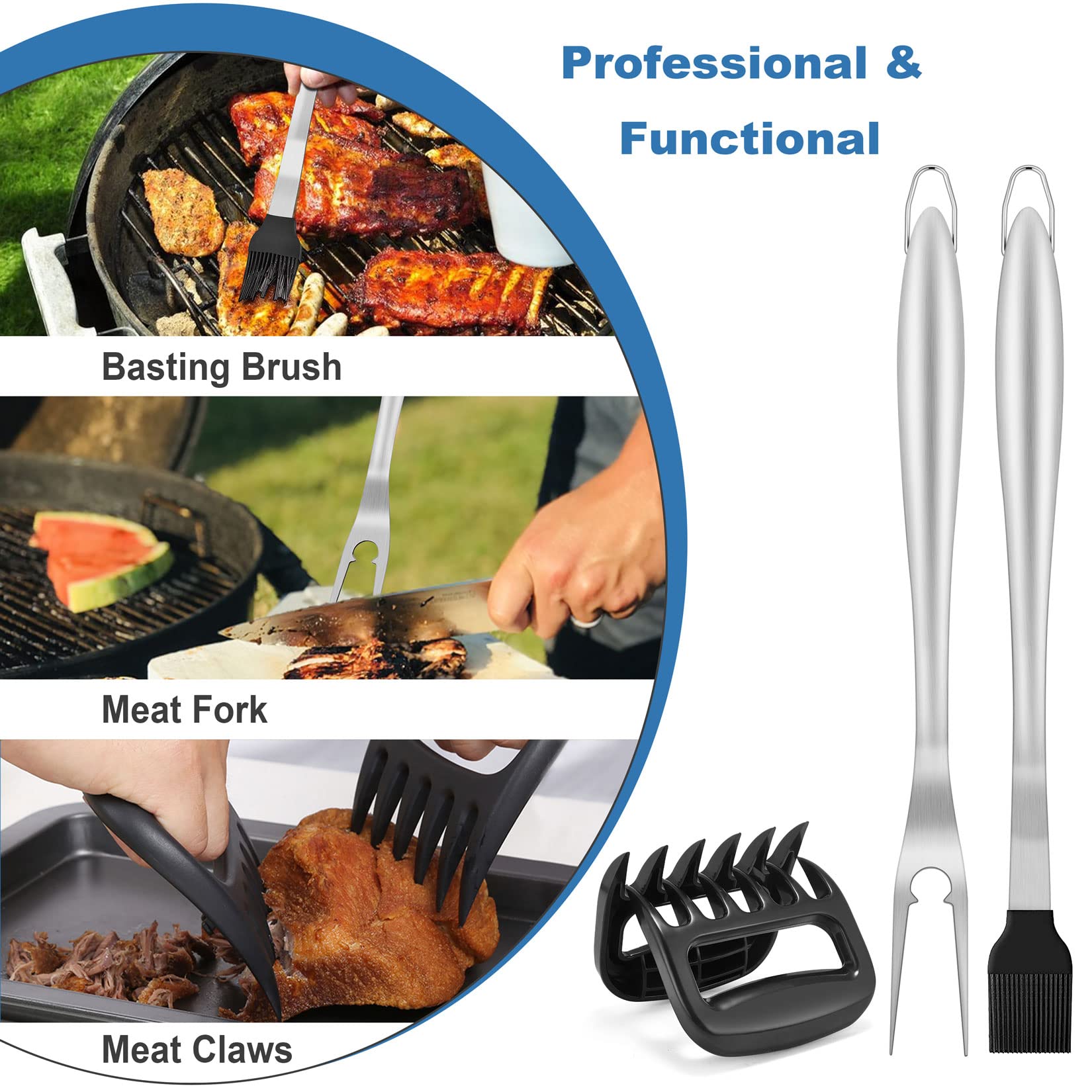 Joyfair Grill Accessories Set, 14Pcs BBQ Grilling Tools Kit for Outdoor Camping, Backyard Barbecue, Include Metal Spatula, Fork, Tong, Brush, Meat Claws, Storage Bag, Gift for Men Father on Birthday