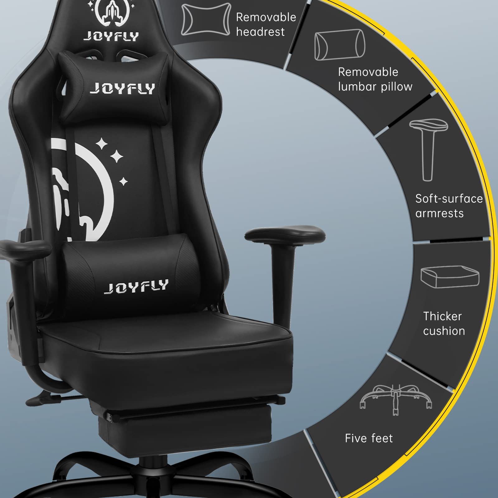 JOYFLY Computer Chair, High Back Gaming Chair for Adults Ergonomic Gamer Chair with Footrest, PC Office Chair with Lumbar Support Height Adjustable and 4D Armrests, 350lbs Capacity, Black