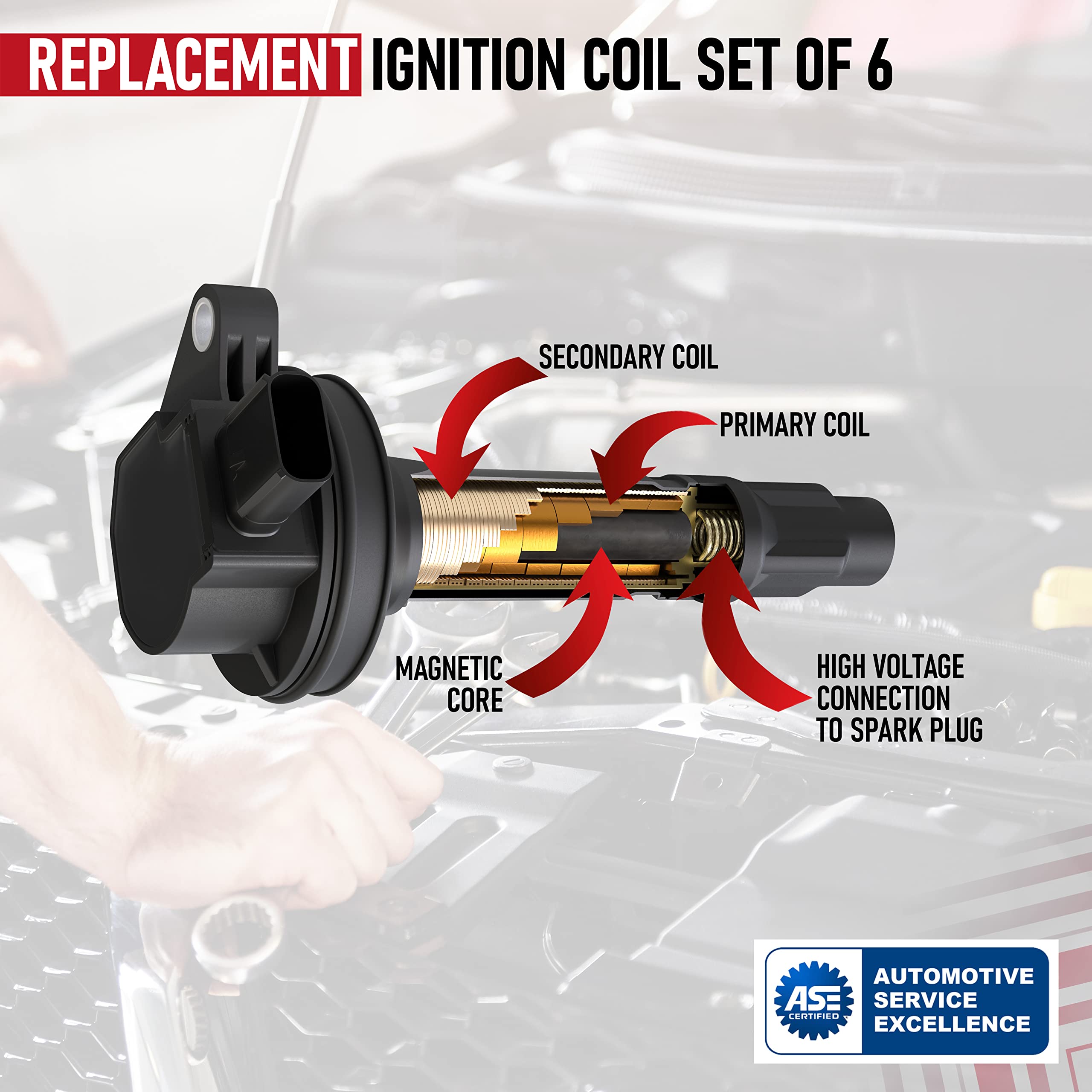 Ignition Coil Pack Set of 6 - Compatible with Ford, Mercury, Mazda & Lincoln Vehicles - 3.5L, 3.7L V6 Edge, F150, Explorer, Mustang, Taurus X, MKZ - Replaces 7T4E-12A375-EE, DG520, 7T4Z12029E, DG-520