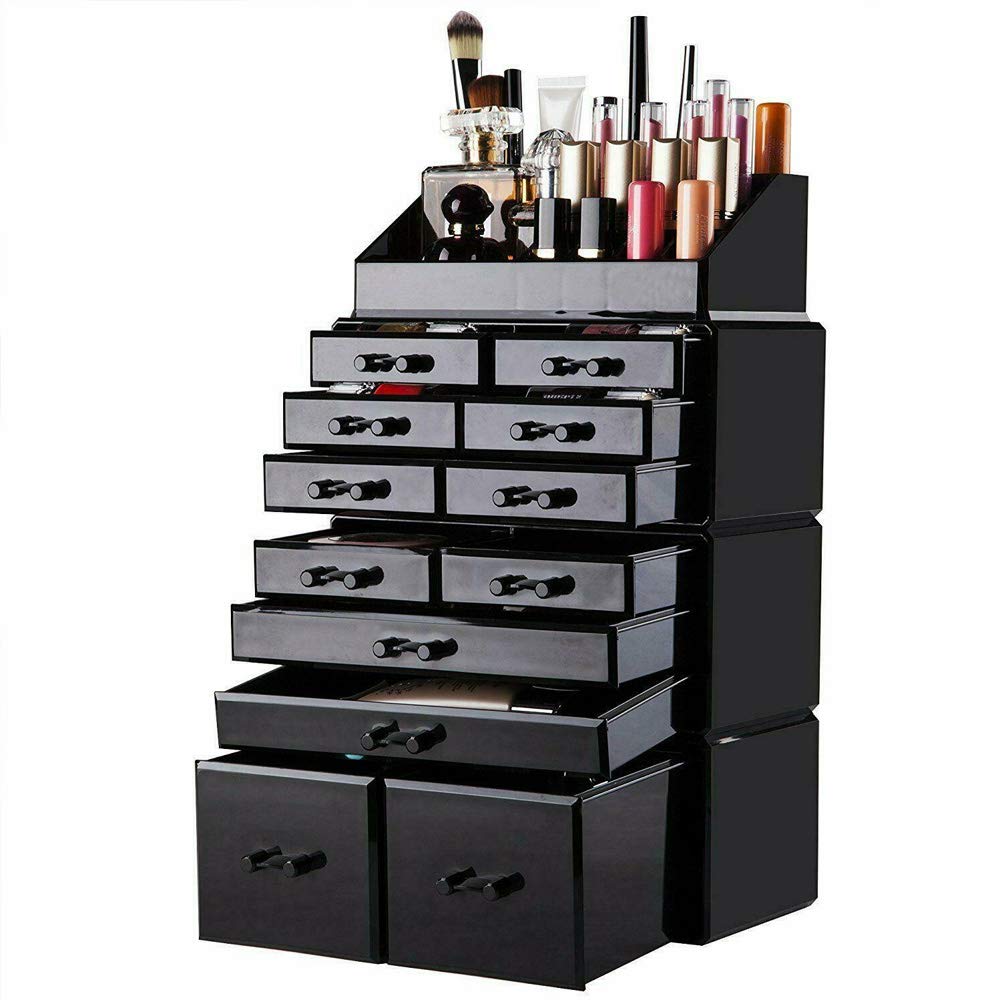 Makeup Cosmetics Jewelry Organizer Display Box Storage w/Drawers Space Saving (Black)