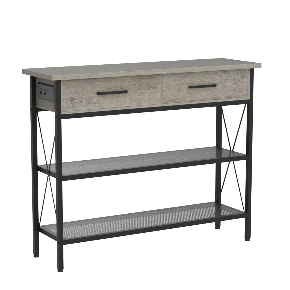 IDEALHOUSE Console Table with Storage, 39.3'' Entryway Table with 2 Drawers, Grey Behind Sofa Table, Console Table with Outlet for Living Room, Couch, Hallway, Foyer, Entryway, Kitchen-3 Tier