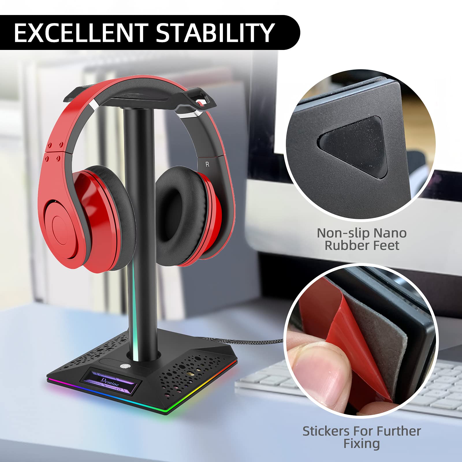 Mignor 2 in 1 RGB Gaming Headphone Stand with 2 USB Charging 3.5MM 9 Modes Touch Control, Dual Headset Holder for DJ Desktop Gamers Earphone Accessories