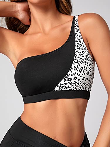 Milumia Women One Shoulder High Impact Sports Bras Leopard Print Workout Yoga Bra Crop Tank Top Black Medium