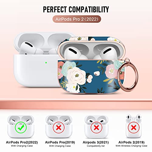 Youskin Airpod Pro 2 Case 2022 Flower Cute, AirPod Pro 2nd Generation Case, Rose Golden Plating Airpods Pro Case with Keychain,Shockproof Protective Case for AirPod Pro 2 2022,Blue Red Flower