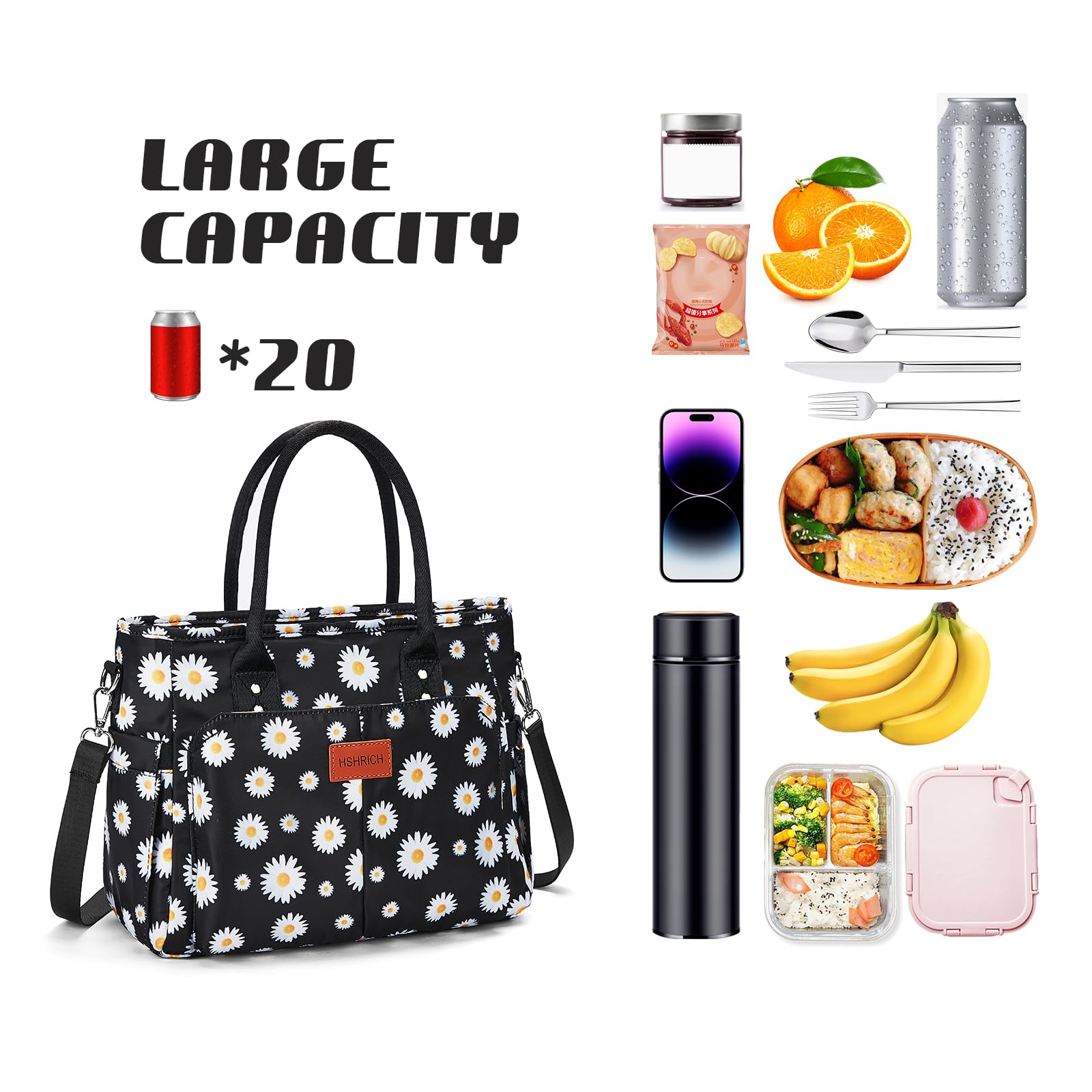 HSHRICH Large Leakproof Insulated Lunch Bag for Women, Daisy, 14L, Composite, Aluminum, Cotton
