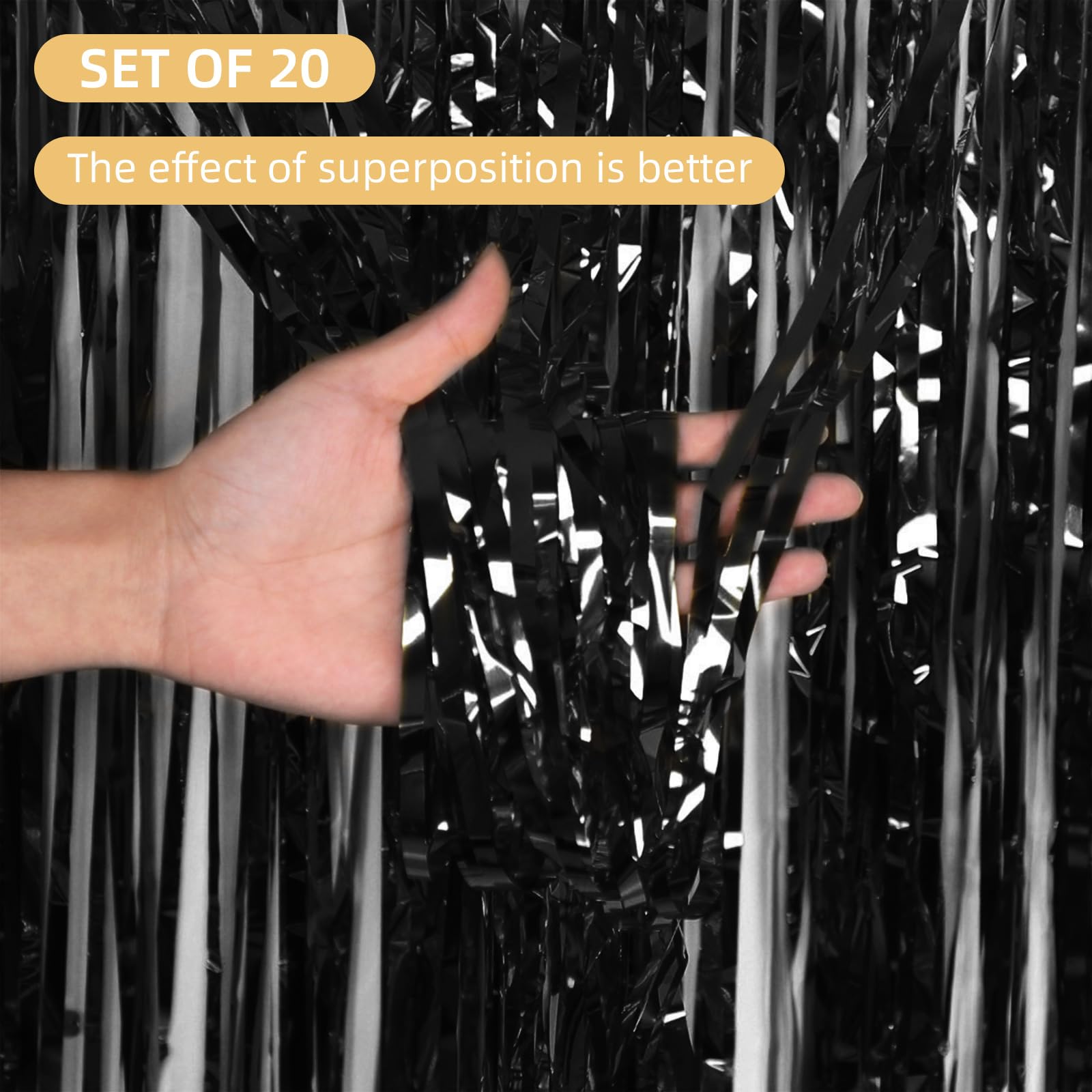 20 Pack Black Foil Curtain Backdrop 3.2ft x 8.2ft Foil Fringe Backdrop Curtain Metallic Tinsel Foil Fringe Curtains Streamer Backdrop Curtains for Birthday Party Decorations Photo Booth (Black)