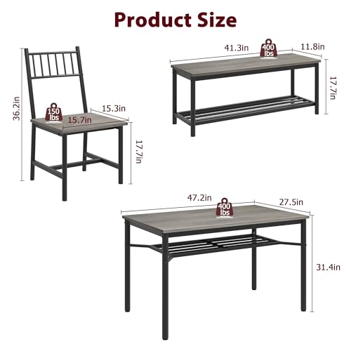 IDEALHOUSE Dining Table Set for 4, Kitchen Table and 2 Chairs with Storage Bench, 47.2" Rectangular Kitchen Table Set with Wine Rack, Dining Room Table Set for Small Space, Apartment, Rustic Gray