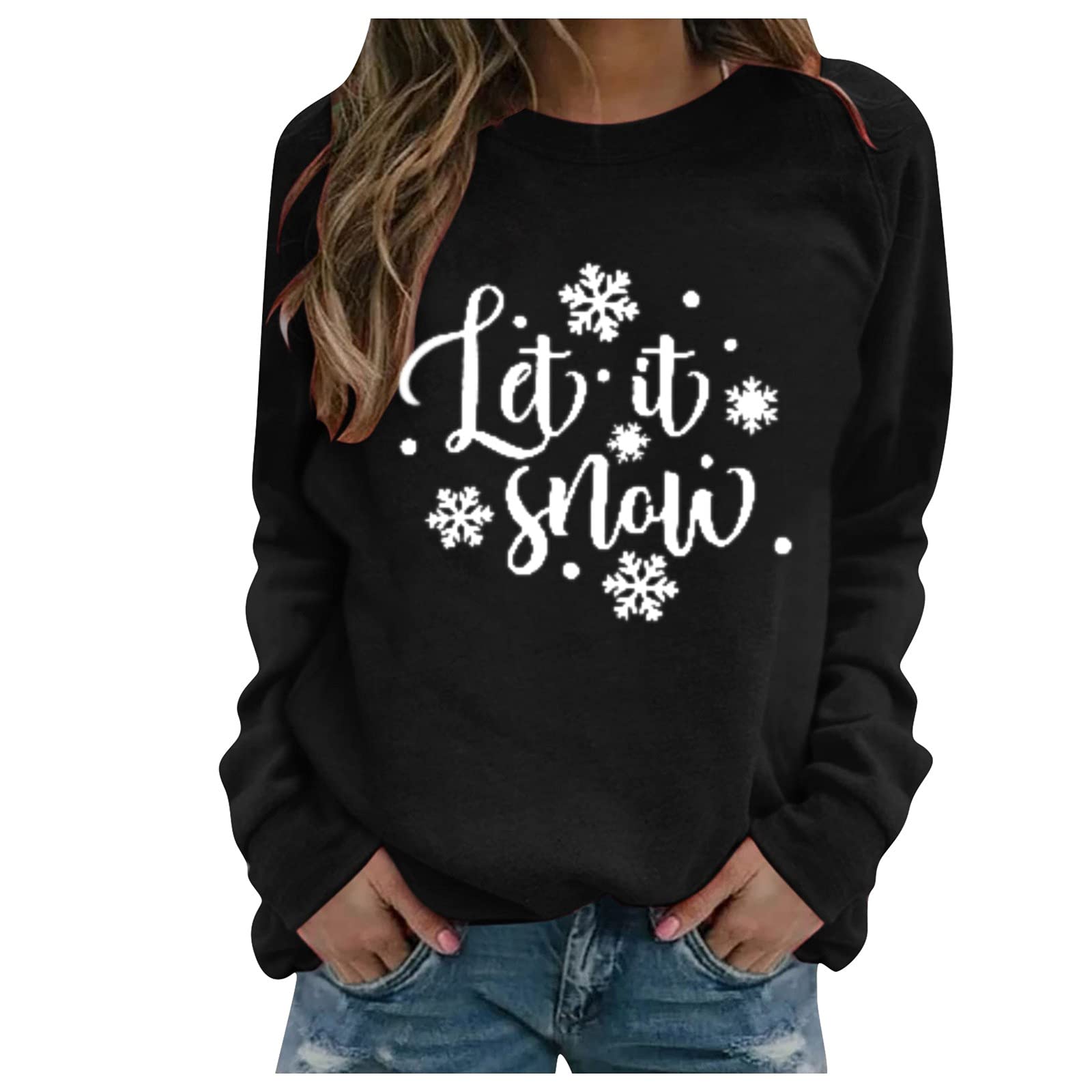 Let It Snow Christmas Sweatshirts for Womens Letter Printed Crewneck Long Sleeve T-shirt Casual Pullover Vacation Tops