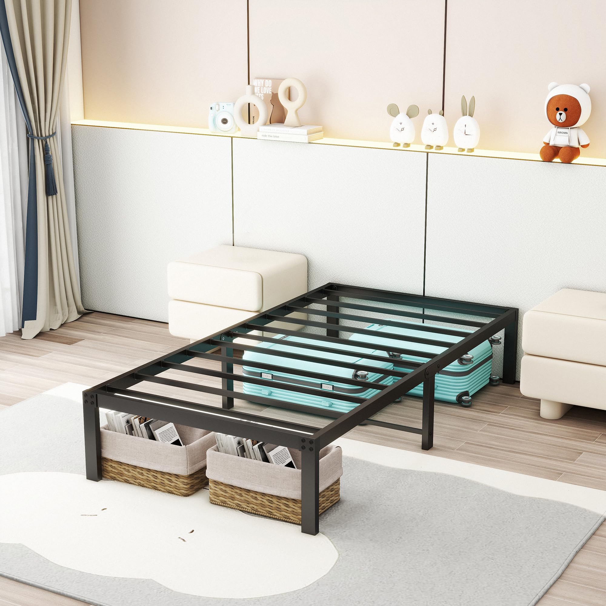JUISSANO 14 Inch Twin Bed Frames, Heavy Duty Metal Platform Bed Frame Twin Size, No Box Spring Needed, with Storage, Double Reinforcement Noise Free, Textured Black