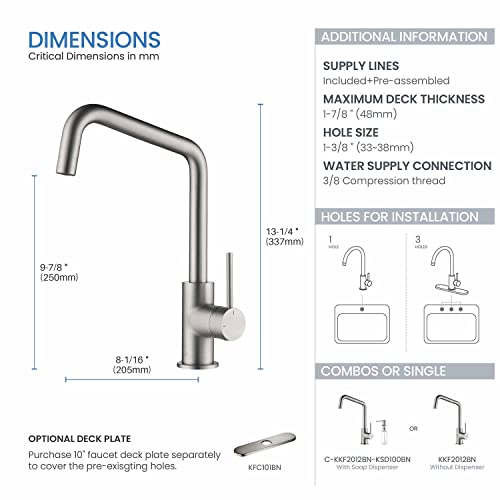 KIBI Macon Single Handle Bar Faucet or Prep Kitchen Sink Faucet | Solid Brass High Arc Faucet Spout | Sink Faucet with 360 Degree Swivel Spout (Brushed Nickel) (KKF2012) (Soap Dispenser included)