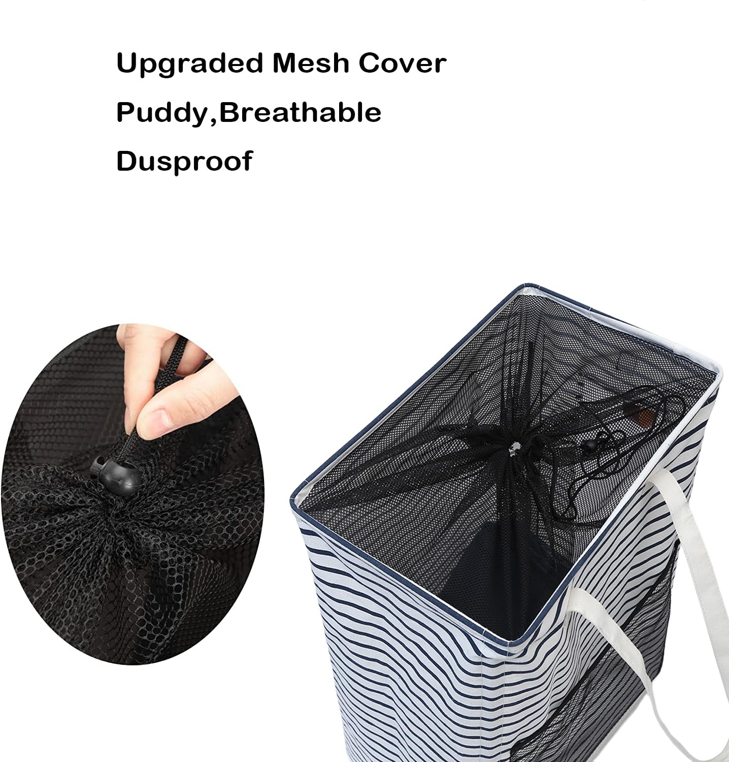 HiCharmcci Laundry Hamper, Wheeled Collapsible Clothes Hampers for Laundry, Large 82L, Dark Blue Strips, Sturdy Oxford Fabric, Mesh Closure, Portable Handle, Transparent Window