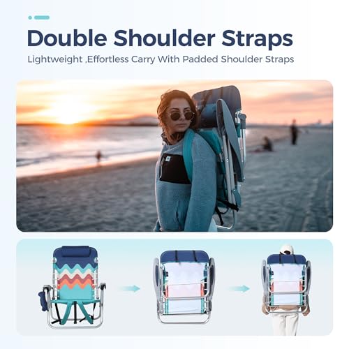LET'S CAMP Backpack Beach Chair Set of 2, 4-Position Classic Lay Flat, Pillow and Padded Shoulder Straps, Storage Pouch and Towel Bar, Support 250LBS, Wave
