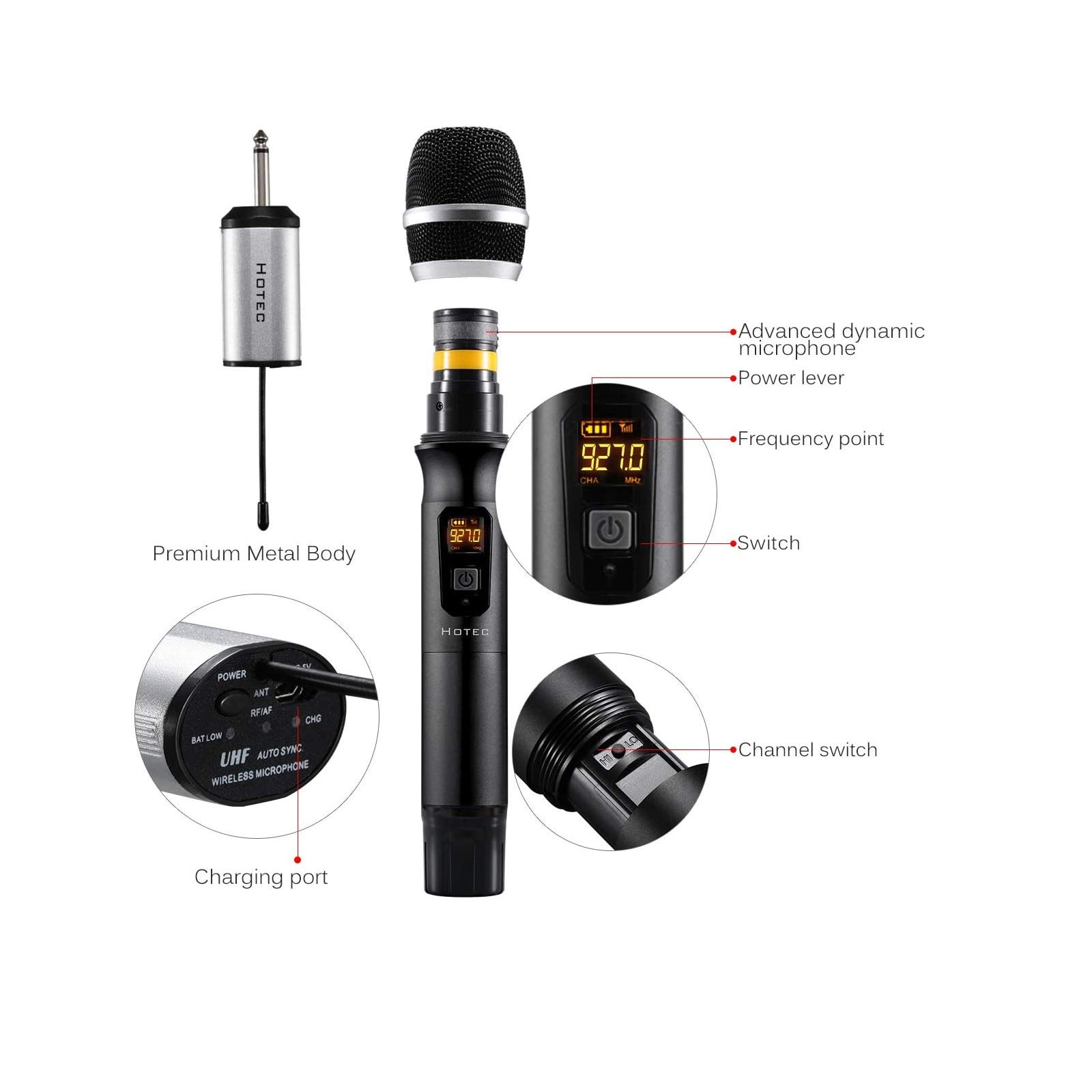 HOTEC Wireless Microphone, Metal Dual UHF Dynamic Handheld Microphone System for Karaoke, Singing, Speech (H-U26)