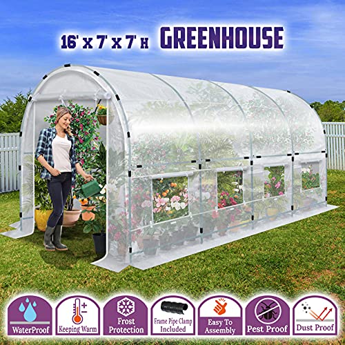 YardGrow Half Transparent Walk-in Plant Greenhouse Heavy Duty Garden Tunnel Tent with ABS Clamps (16'X7'X7')