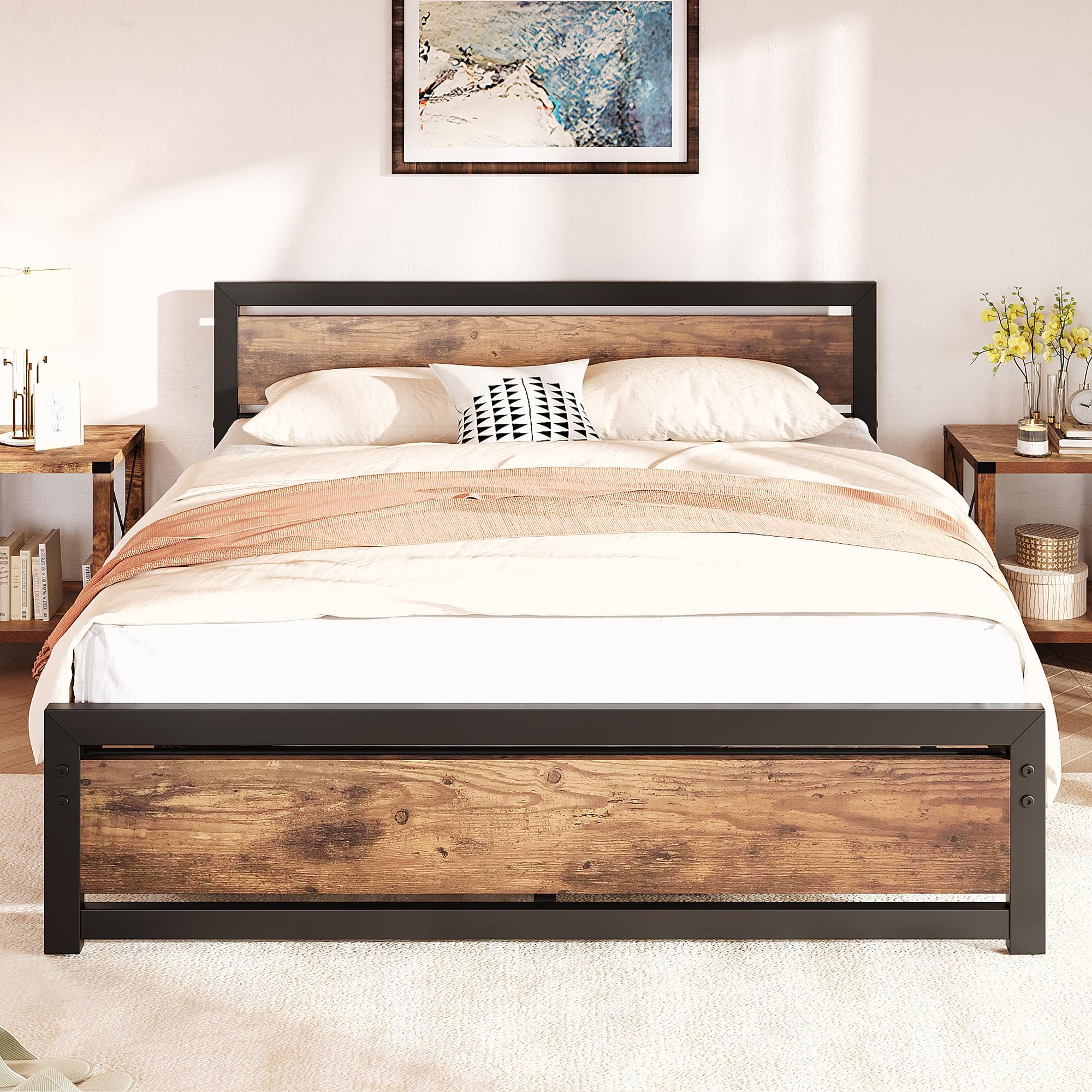 IDEALHOUSE Queen Size Bed Frame with Wooden Headboard, Industrial Queen Bed Platform Metal Bedframe No Box Spring Needed, 14 inch Easy to Assemble Noise Free Mattress Foundation, Rustic Brown