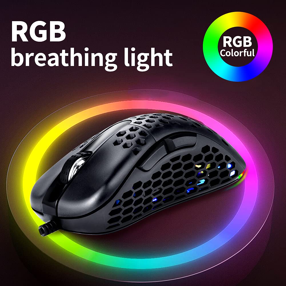 Lightweight Gaming Mouse, Honeycomb Design RGB Backlit Support Custom Buttons Maximum Support 12000DPI (Black)