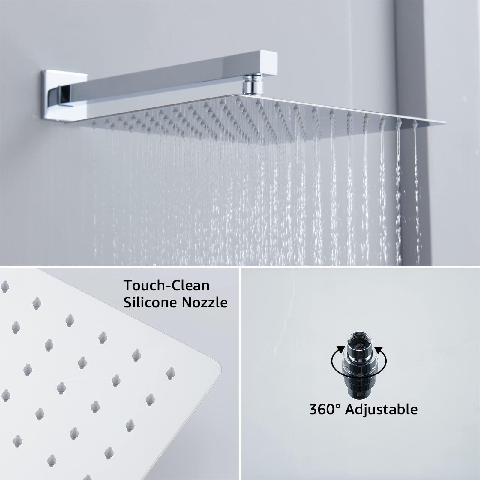 Iriber 12 Inch Bathroom Shower System Polish Chrome Wall Mounted Square Mixer Shower Faucet Combo Set with Hand Held Rough-in Valve Rainfall Shower and Trim