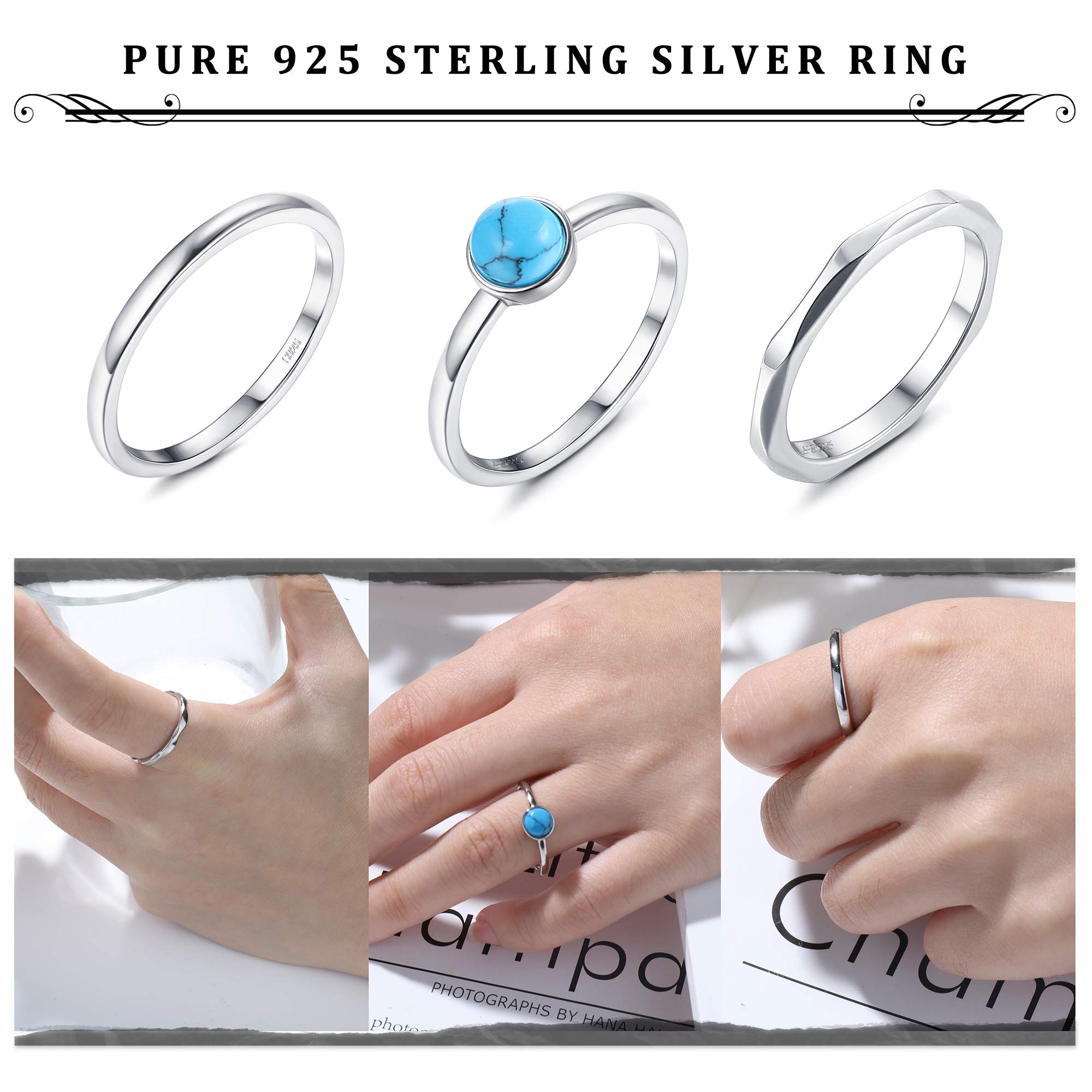 MILACOLATO 3Pcs 925 Sterling Silver Turquoise Hammered Band Stackable Ring Set for Women Platinum Plating Smooth Fashion Midi Rings Comfort Fit Size 5 to 9, 7