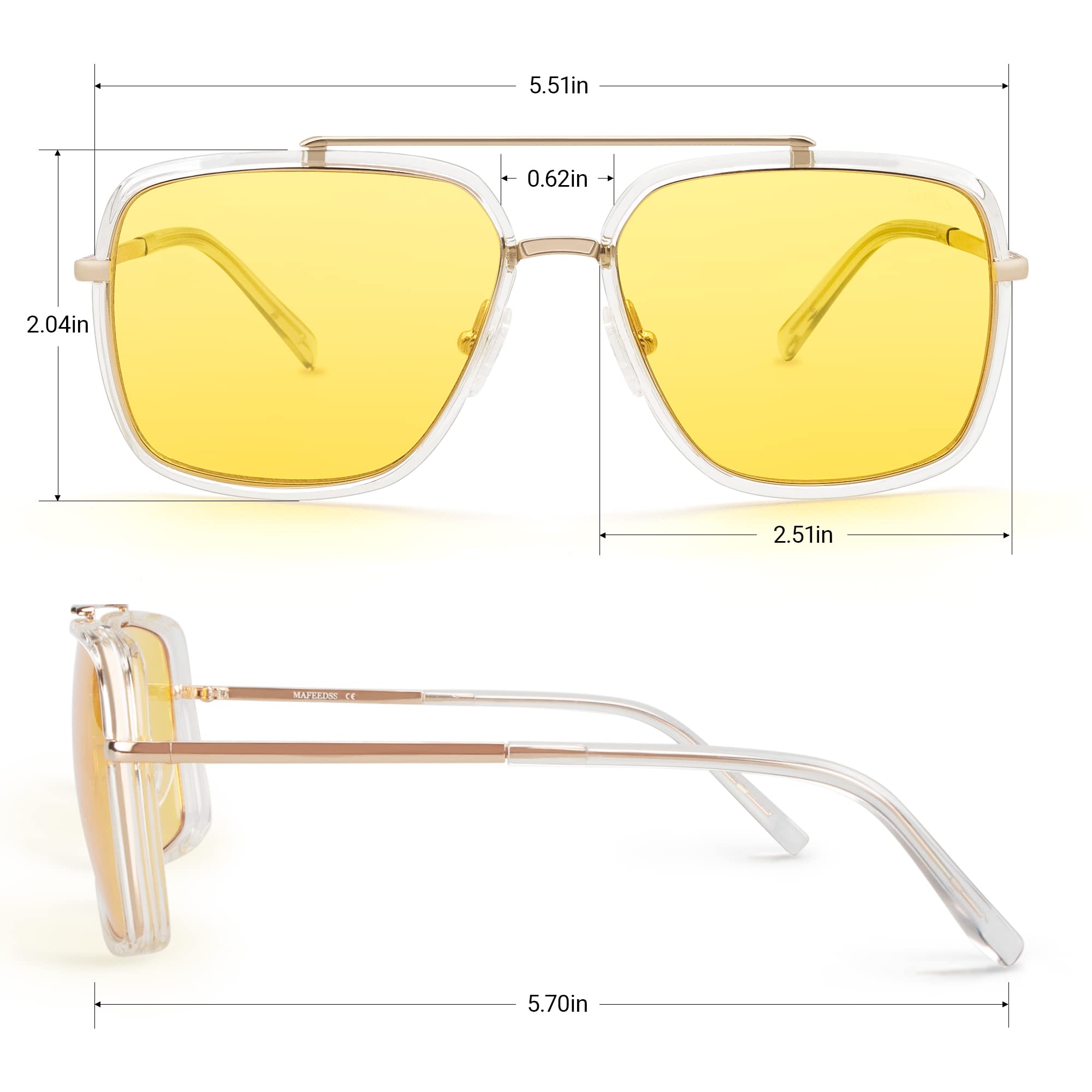 MAFEEDSS Retro 70s Aviator Sunglasses, Night Driving Glasses with UV Protection and Anti Glare, Yellow Lens Large Frame