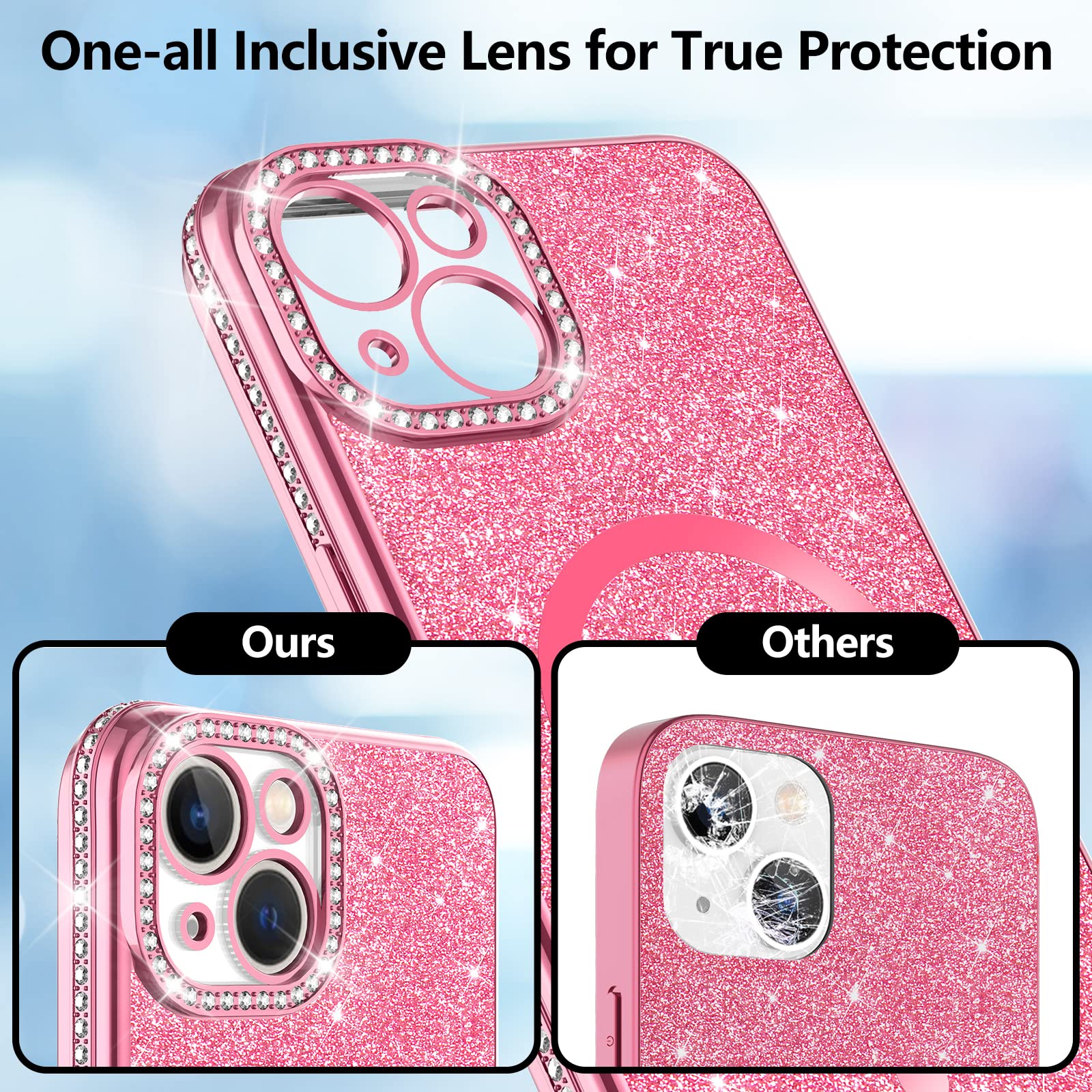 oleevee Glitter Magnetic Case for iPhone 13 Case, with Wrist Strap, Diamond Camera Cover, Sparkle Shockproof Protective iPhone 13 Case 6.1 inch for Women Girls, Pink