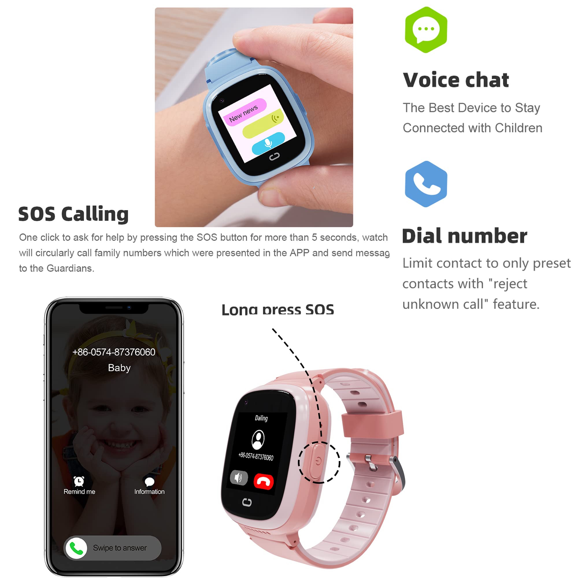 PTHTECHUS Kids Smartwatch with GPS 4G, HD Touchscreen Watch with Phone GPS Tracker Real Time Location SOS Video Call Voice Chat Camera Waterproof Compatible Android and iOS for Boys Girls Gift