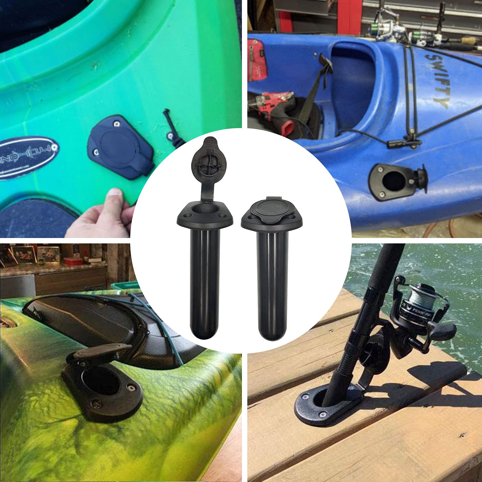 Kayak Flush Mount Fishing Boat Rod Holder with Cap - Plastic Fishing Tackle Accessory Tool for Kayak Boat Canoe Pole