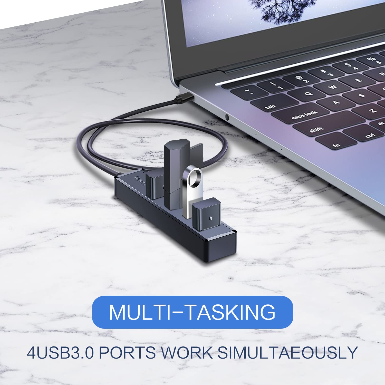 SmartQ H302 4-Port USB 3.0 Hub Long Cable 1ft 3ft with Micro-B Charging Port, Fast Data Transfer USB Hub, Compatible Windows PC, Mac, Surface Pro, Laptop, Printer (USB C - 2 ft)