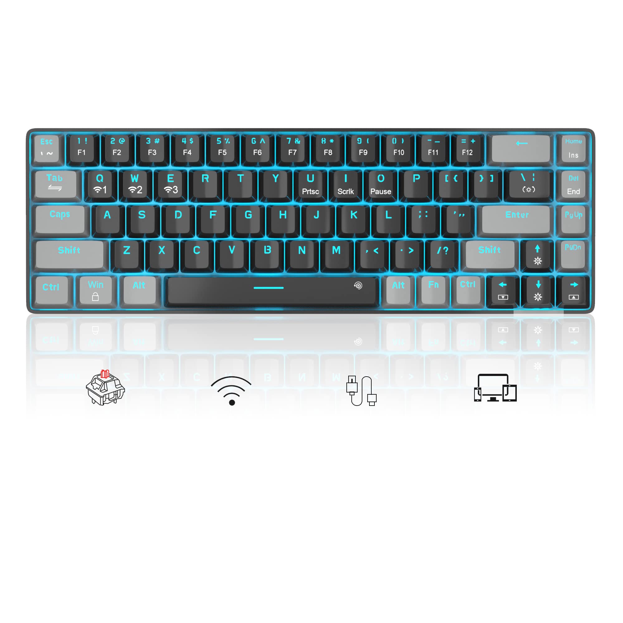 MageGee 60% Wired/Wireless Mechanical Gaming Keyboard with Red Switch, 68 Keys Compact LED Blue Backlit Mini USB-C Office Keyboard for PC Laptop Mac Smartphone, Black/Grey
