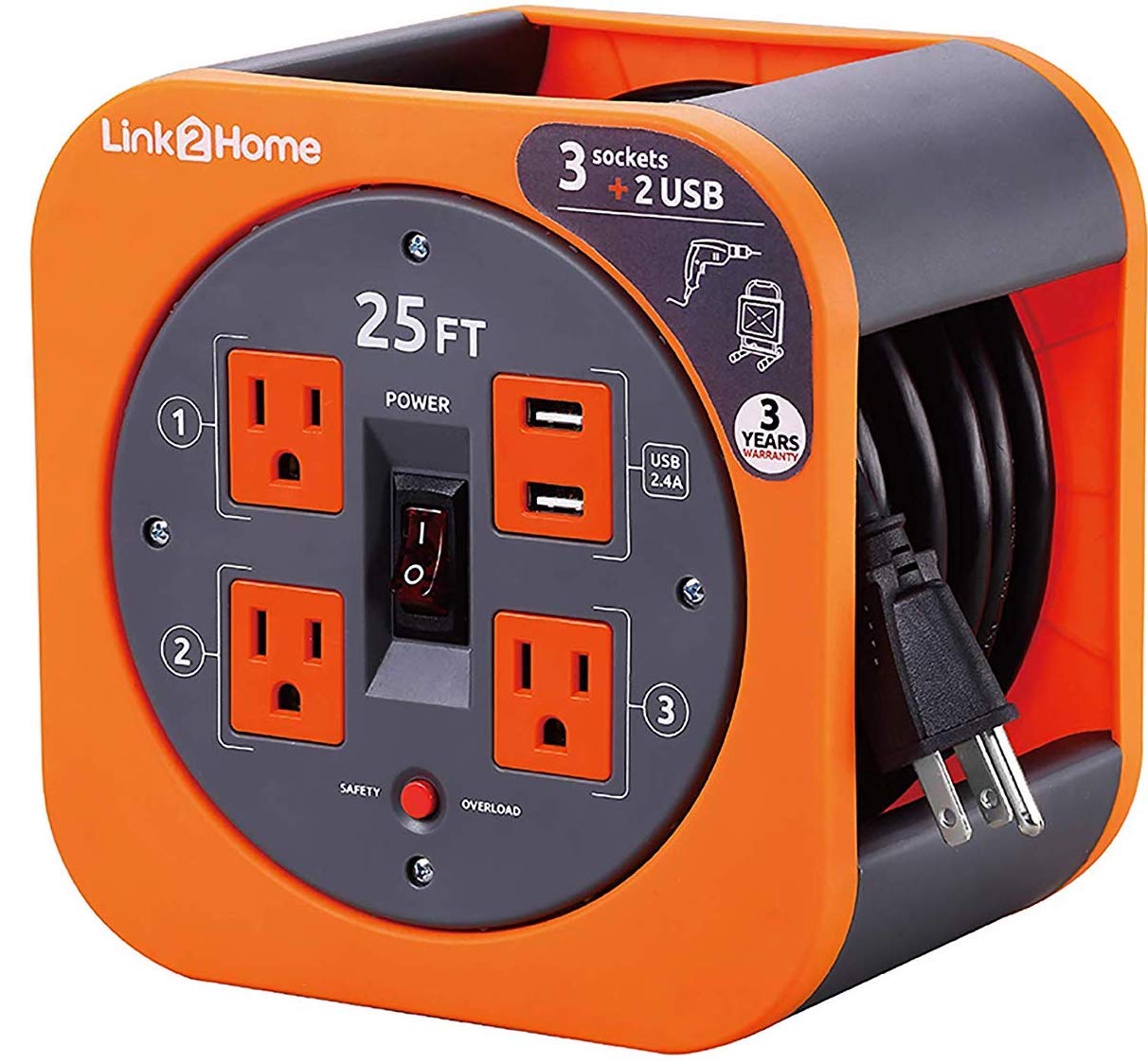 Link2Home Cord Reel 25 ft. Extension Cord 4 Power Outlets, 2 USB Ports, 2.4A Fast Charge – 16 AWG SJT Cable.