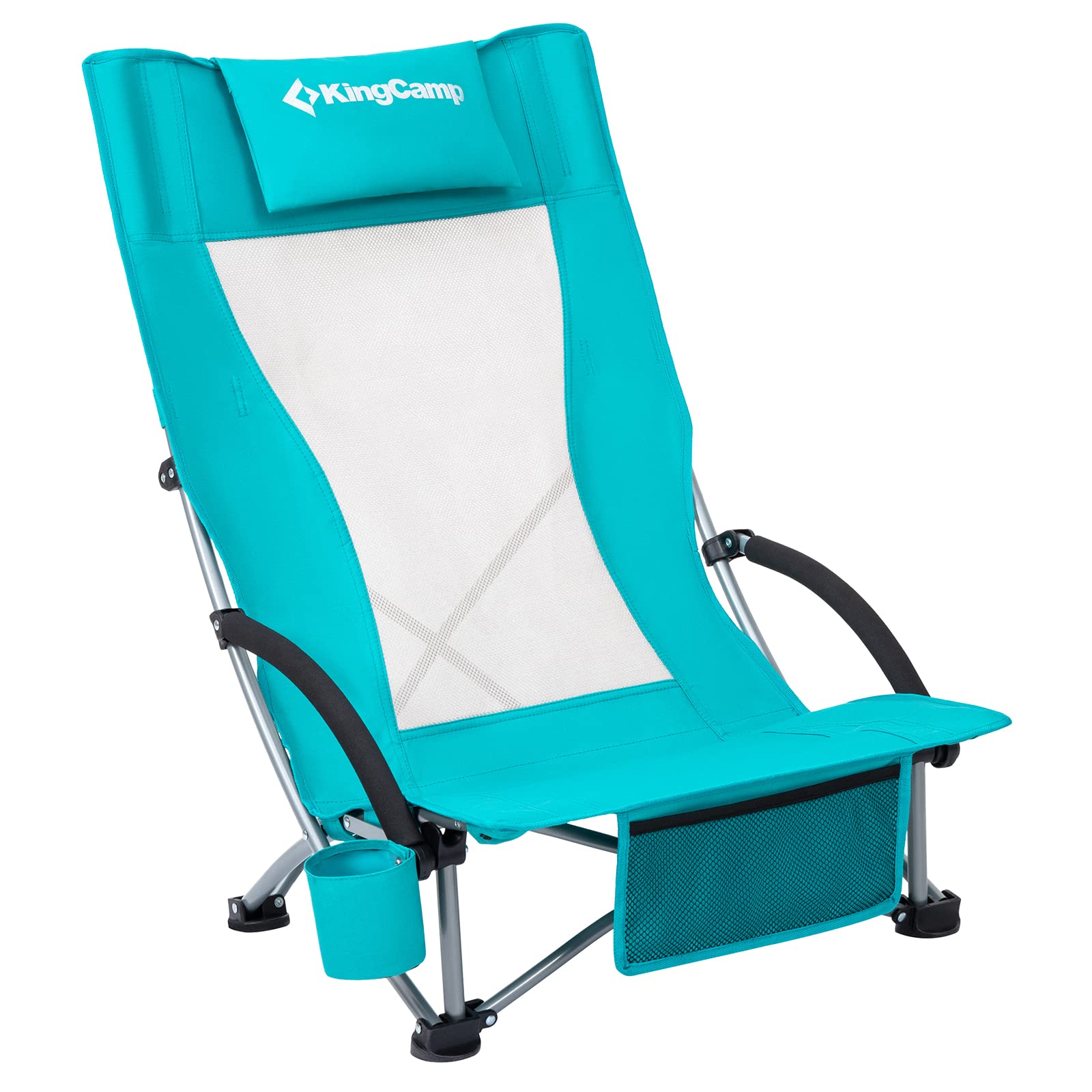 KingCamp High Back Low Seat Folding Beach Chair, Lightweight Backpack Beach Chairs for Adults with Padded Armrest & Cup Holder, Mesh Back Sand Chairs for Beach,Camping,BBQ,Outdoor Travel, Easy Carry